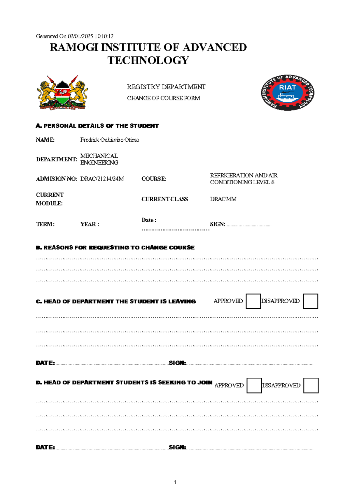 Change Of Course Form 02 01 2025 10 10 12 - Generated On 02/01/2025 10 ...