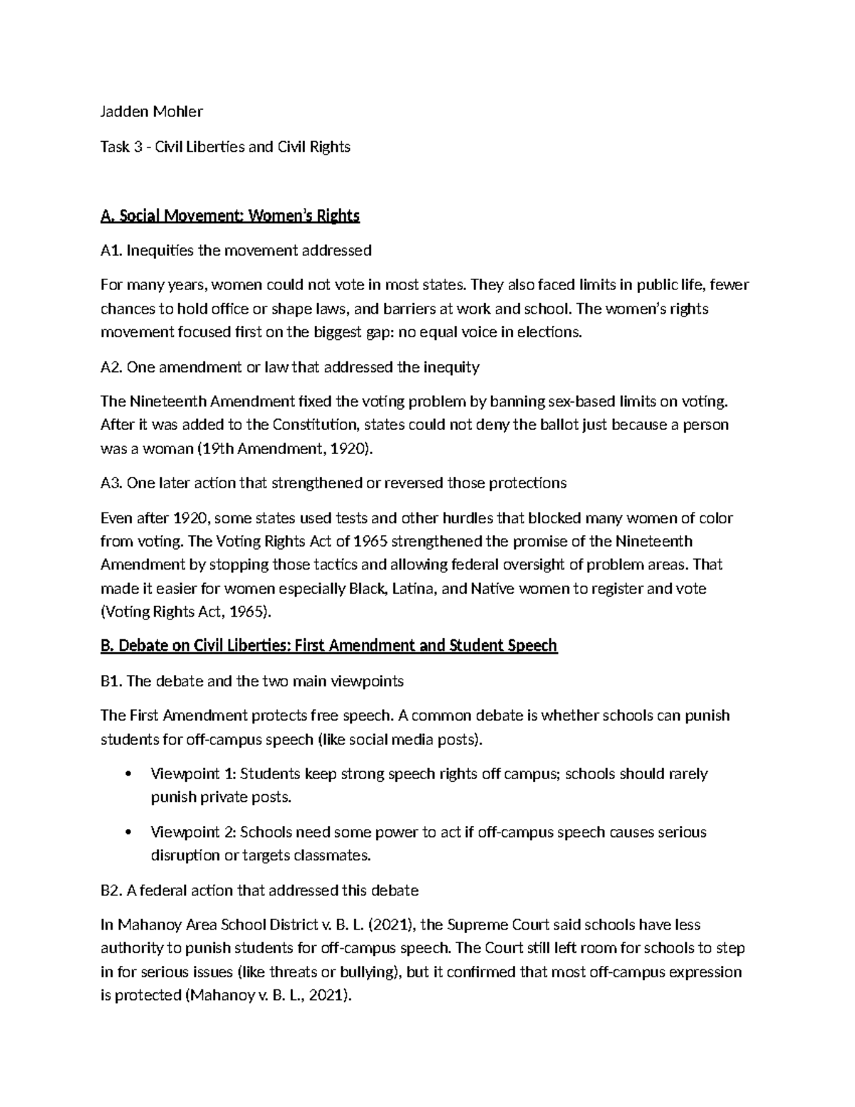 Task 3 - Civil Liberties & Rights: Social Movements & Student Speech ...