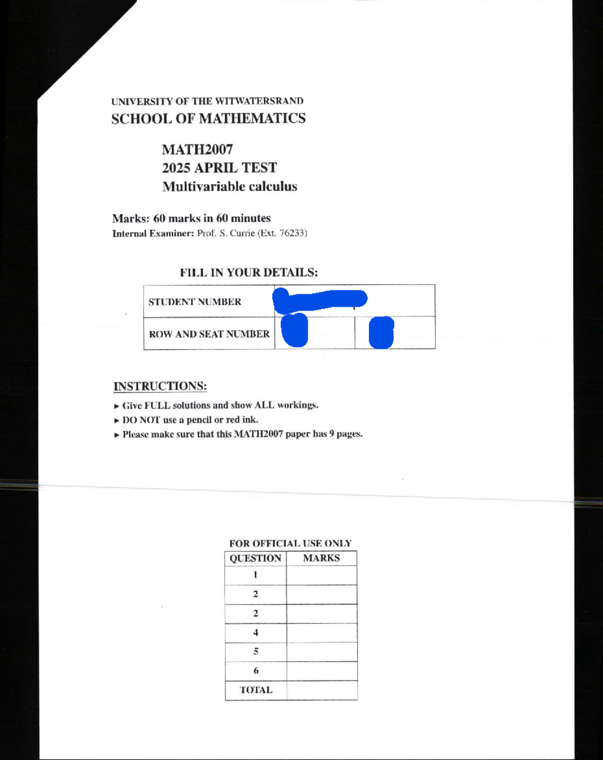MATH2007 Multivariable Calculus April 2025 Test Paper - Studocu