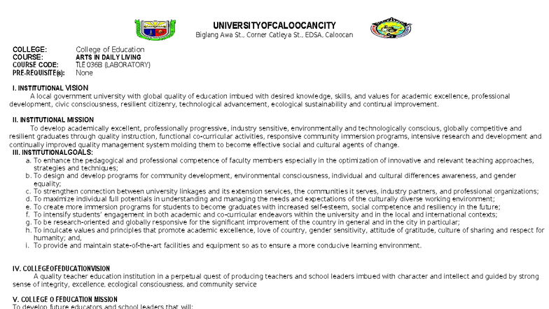 TLE 036B: Arts in Daily Living Laboratory Course Overview - Studocu