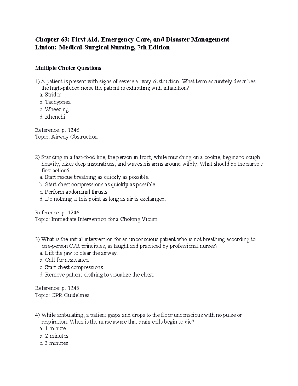 Med Surg Chapter 63 Linton - First Aid Emergency Care and Disaster ...