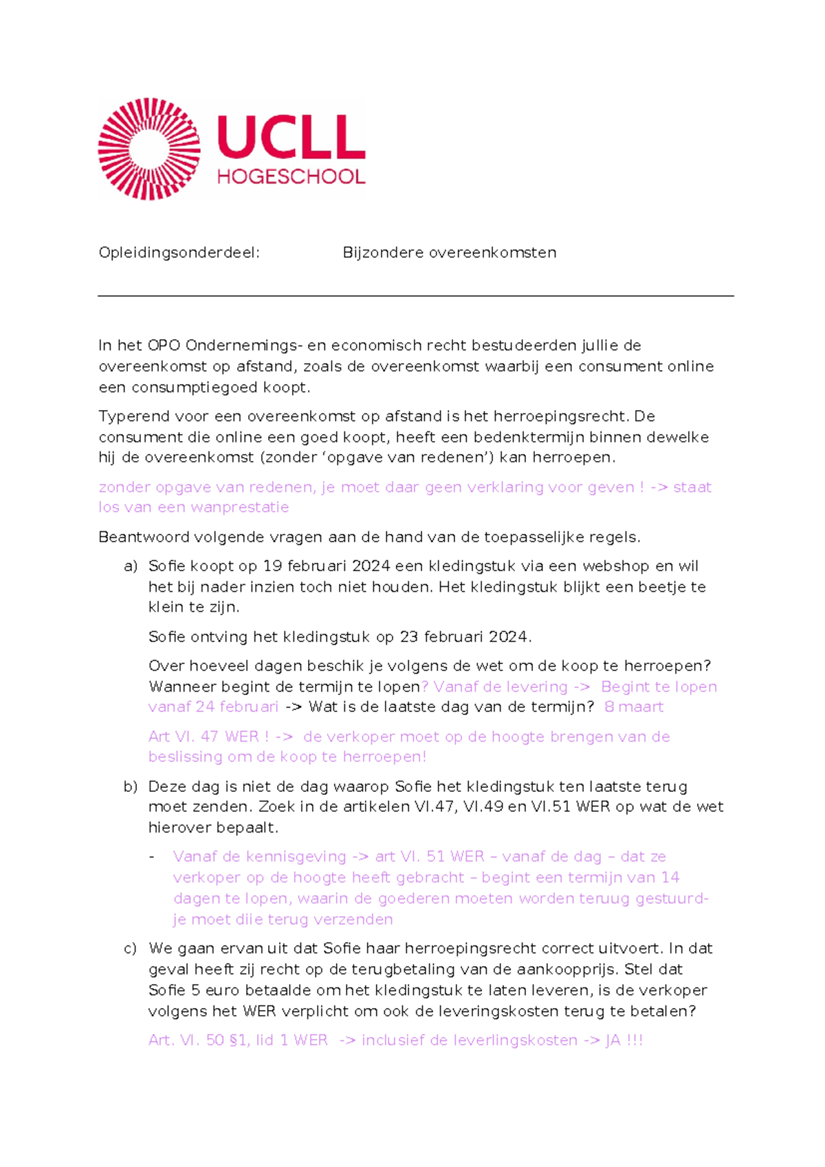 OPO: Bijzondere Overeenkomsten - Opdracht 2 Oefeningen en ...