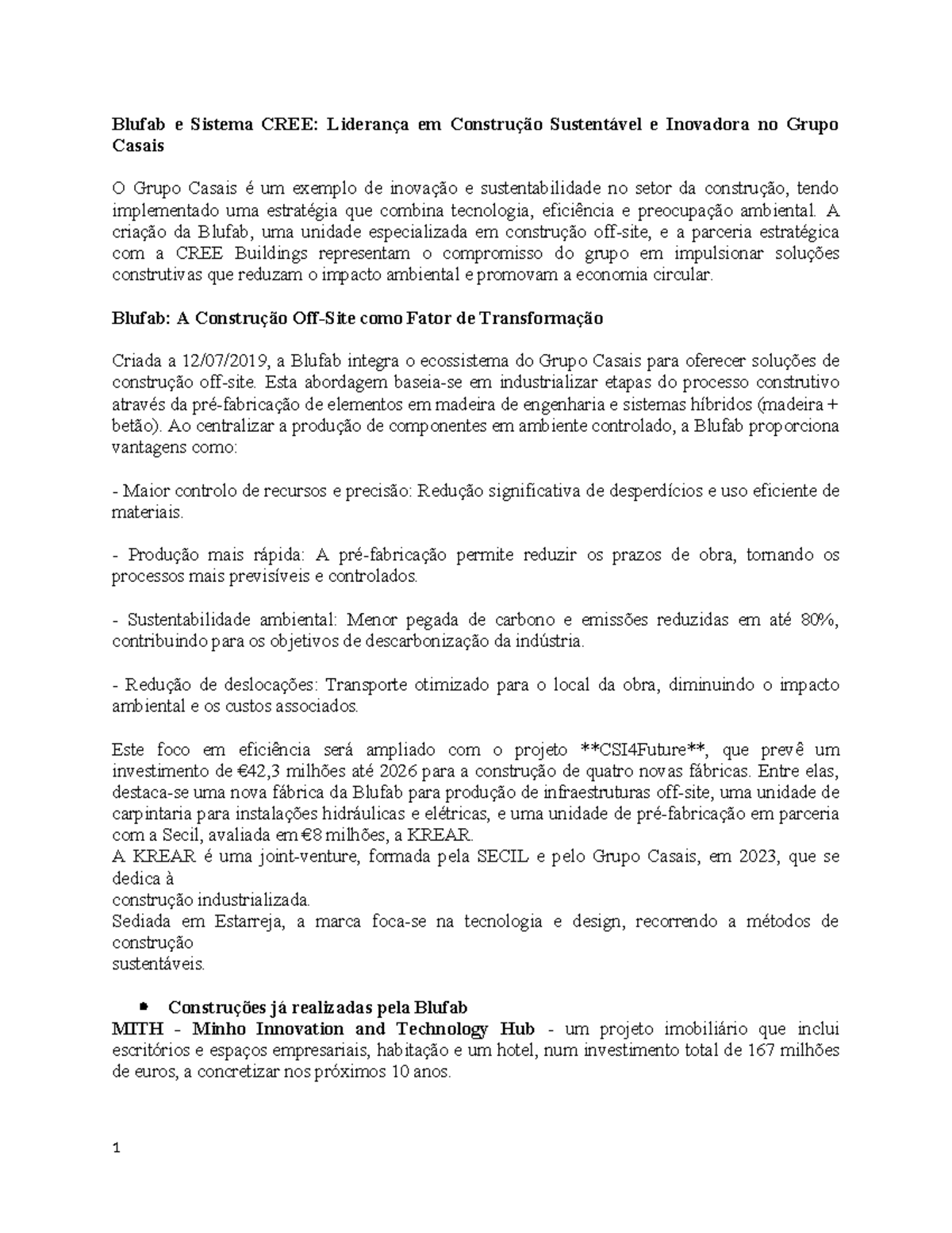 Blufab e Sistema CREE: Inovação e Sustentabilidade na Construção - Studocu