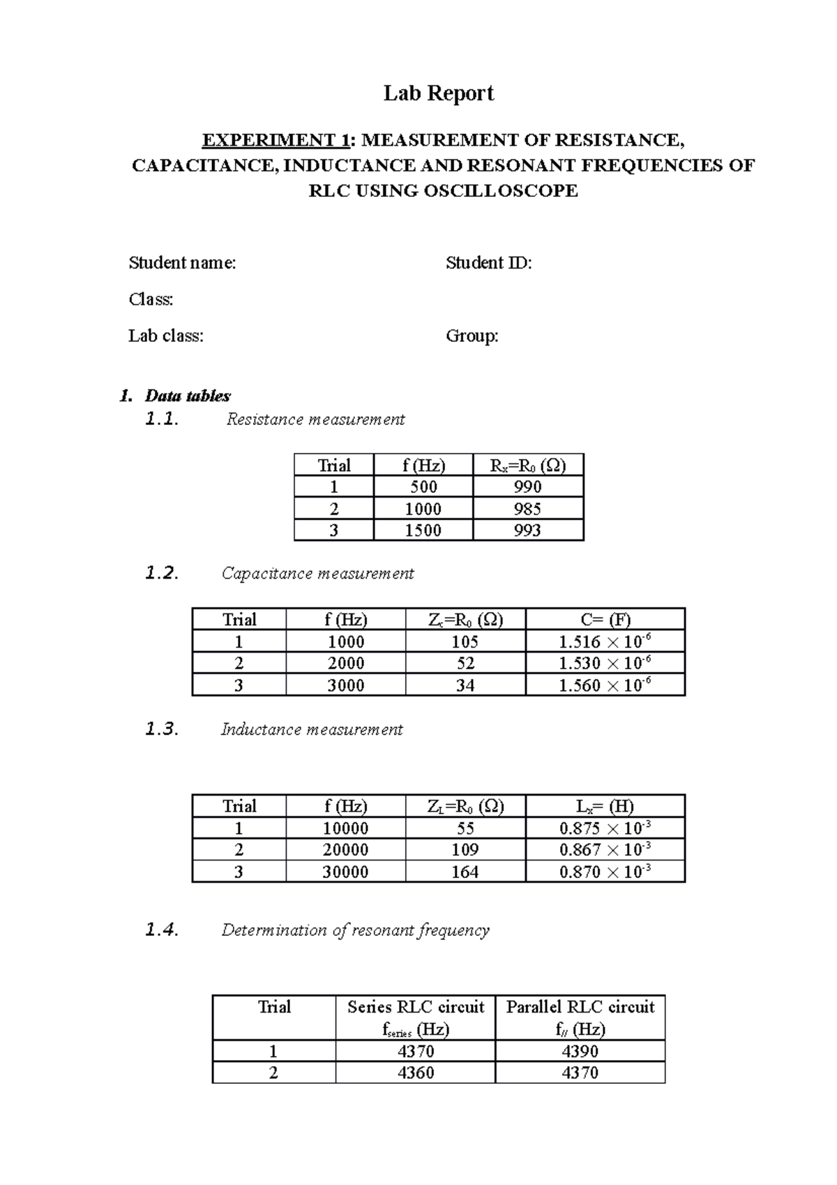 Lab Report - Ex1: Measurement of RLC Properties Using Oscilloscope - Studocu