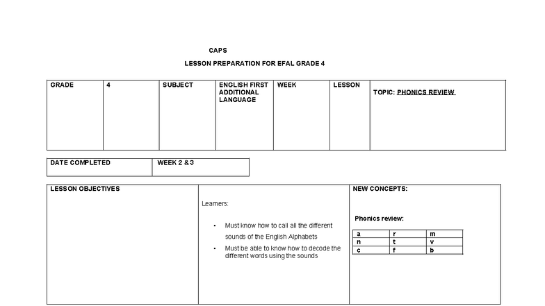 CAPS EFAL Grade 4 Lesson Plan: Phonics Review for Week 2 - Studocu