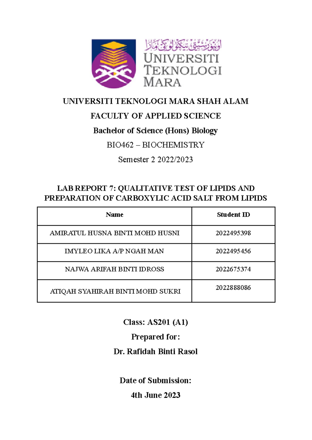 LAB Report 7: Qualitative Tests for Lipids in BIO462 - Studocu