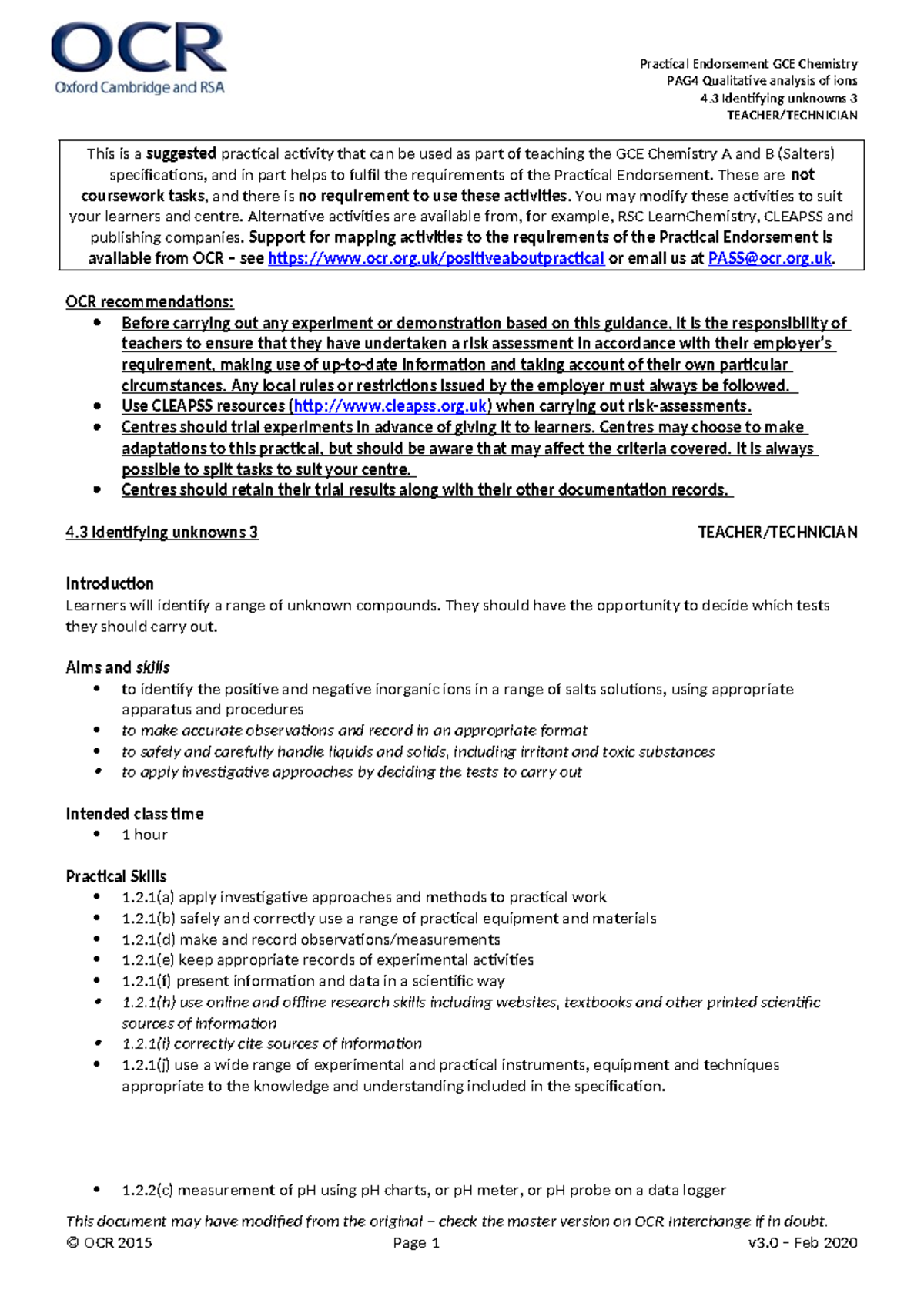 Chemistry PAG 4.3 Practical: Identifying Unknown Compounds - Studocu