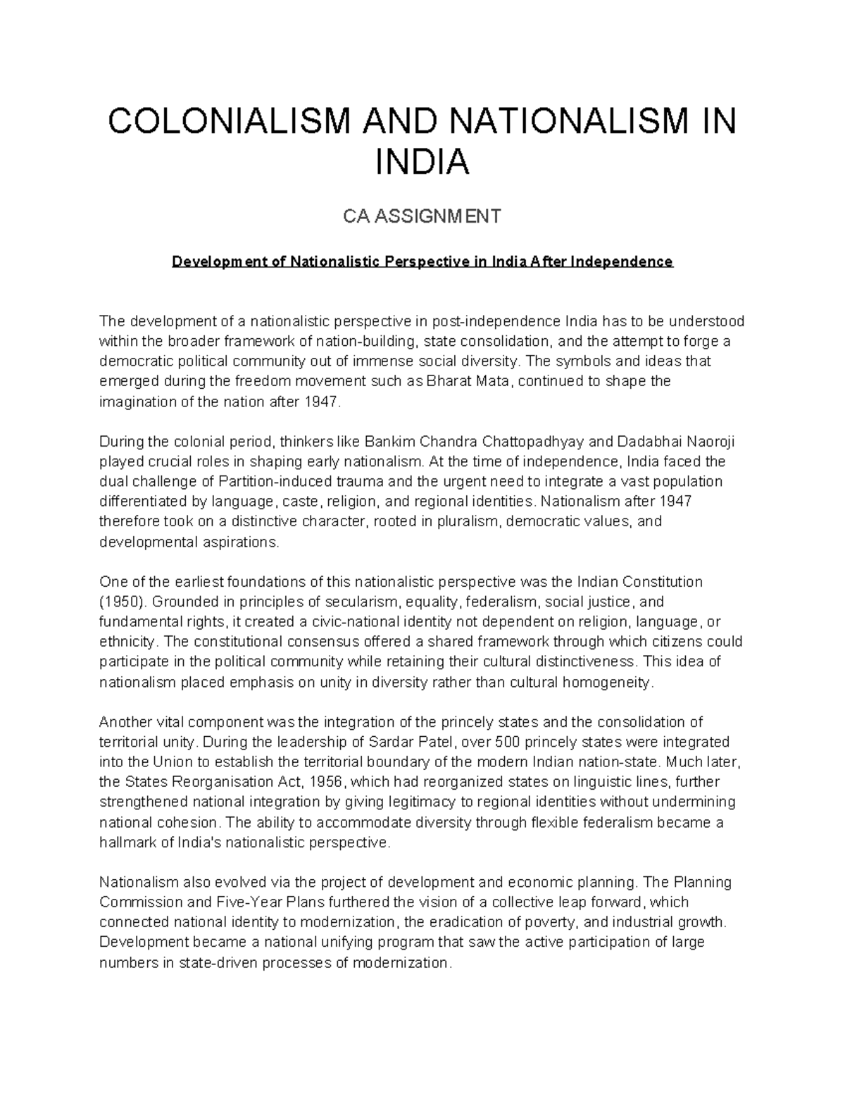 CA Assignment: Nationalistic Perspectives in India Post-Independence ...