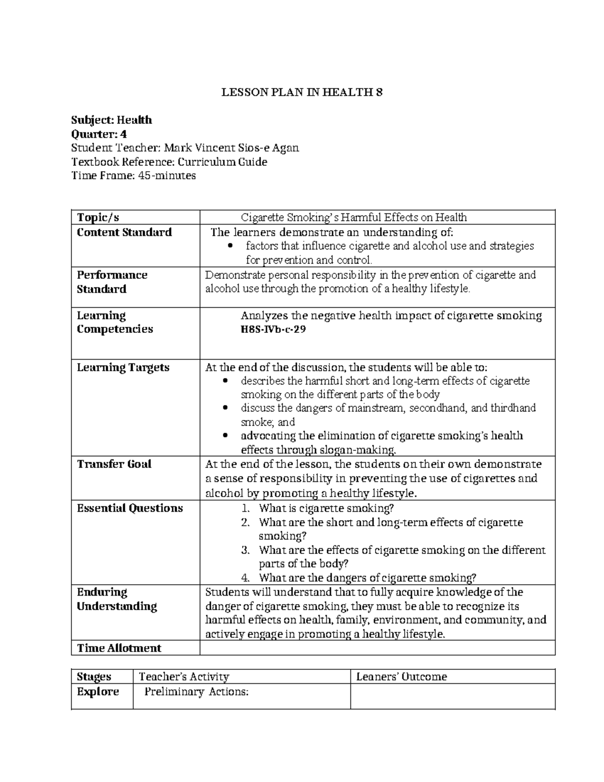 Health 8 Lesson Plan: Effects and Dangers of Cigarette Smoking - Studocu