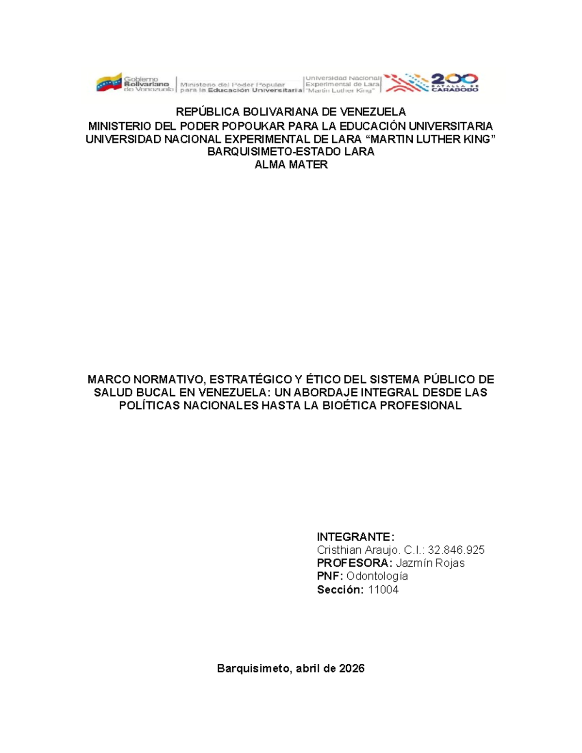 Marco Normativo y Ético del Sistema de Salud Bucal en Venezuela - PNF ...