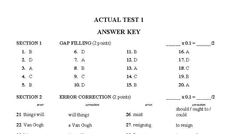 ACTUAL TEST 1 ANSWER KEY - CAE 3 - C1 Grammar Practice - Studocu