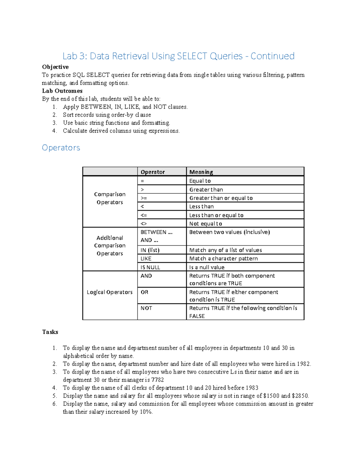 Lab 3: SQL SELECT Queries for Data Retrieval Techniques - Studocu