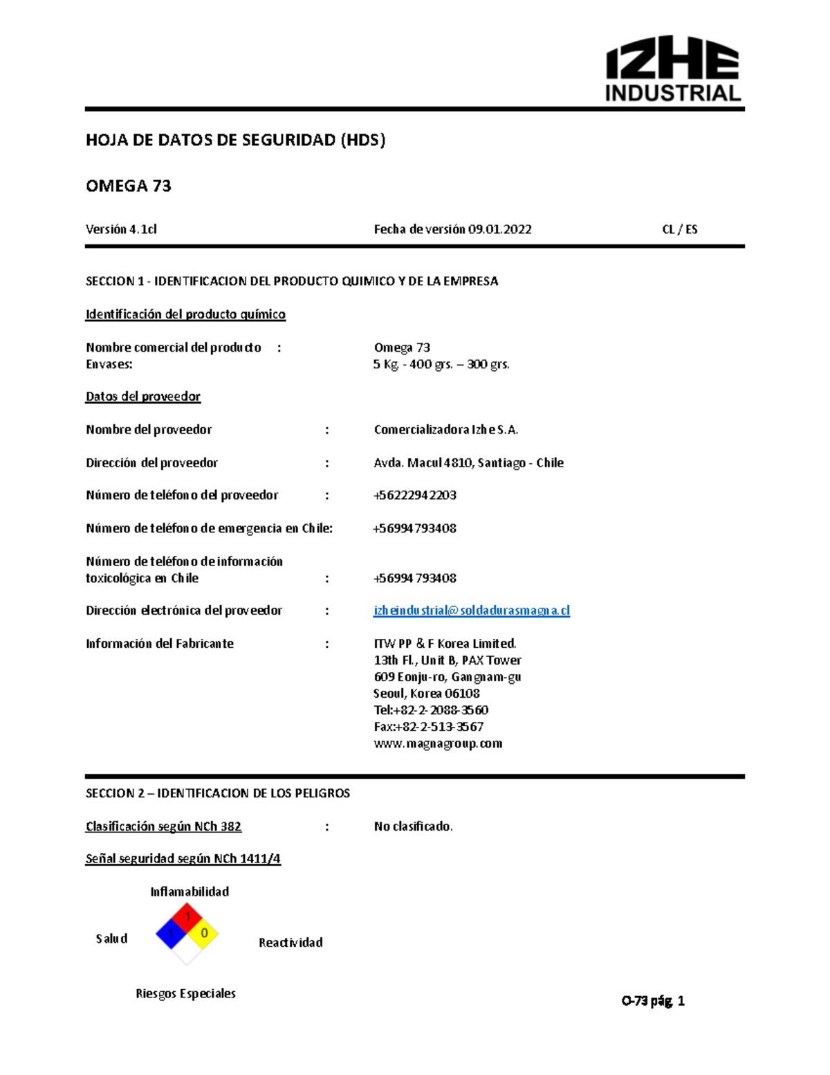 HDS Omega 73 Versión 4.1cl - Seguridad y Manejo Químico - Studocu