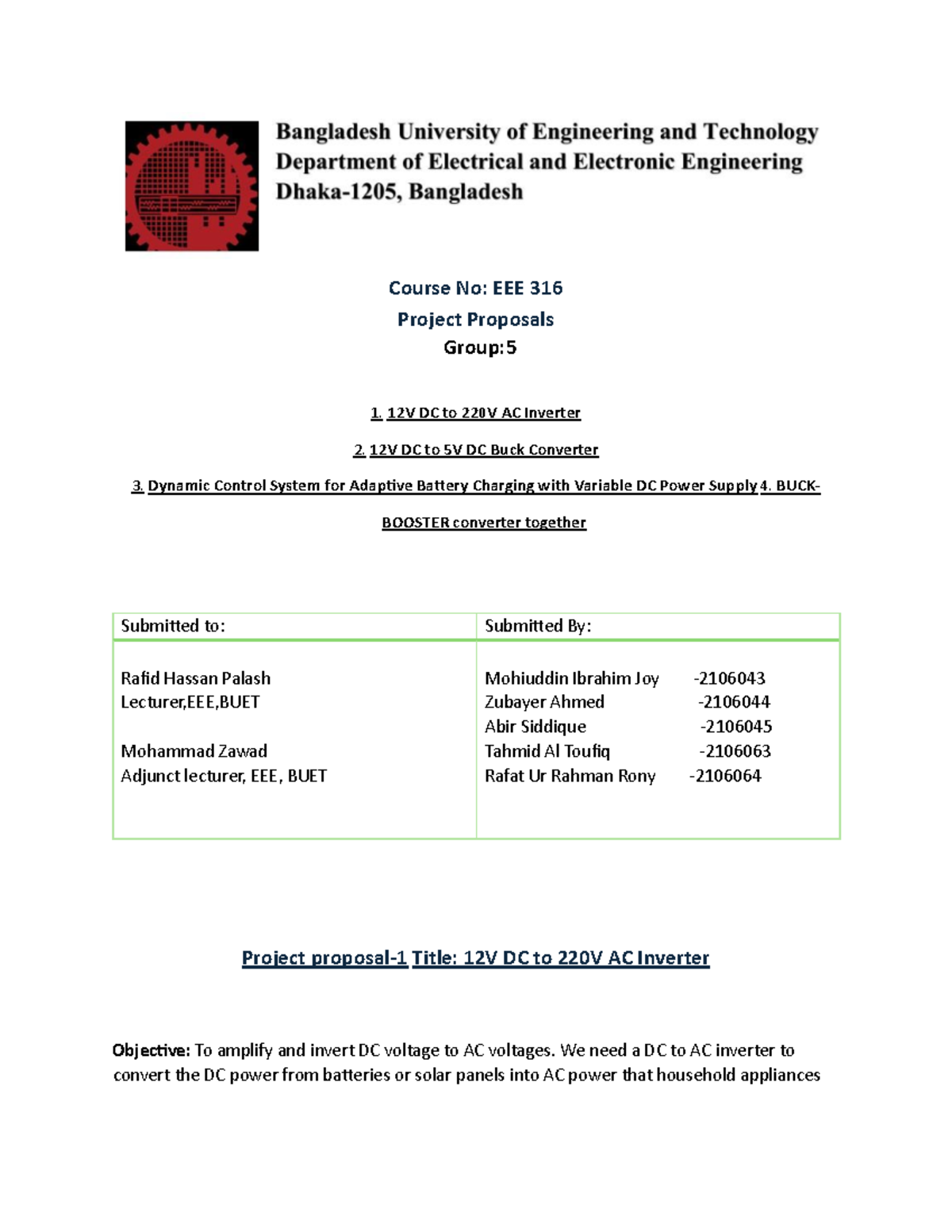 EEE 316 Project Proposals - Group 5: Inverter & Charging Systems - Studocu