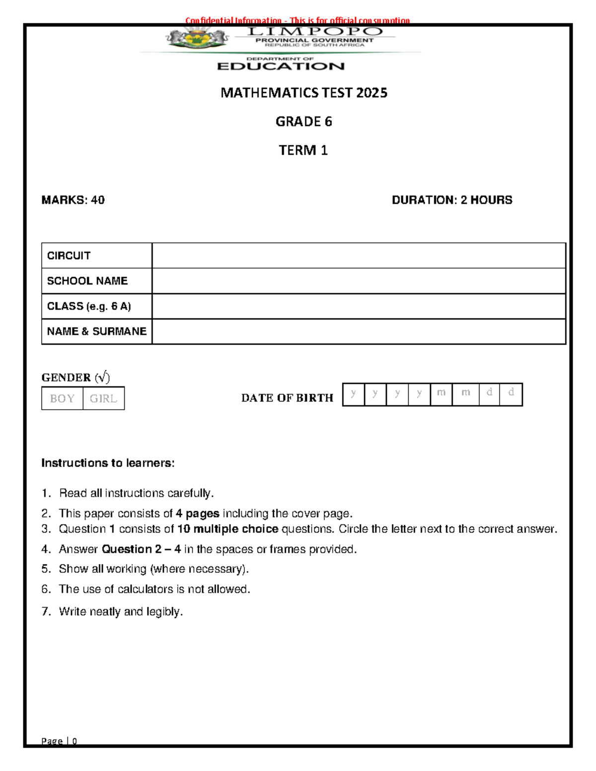 Grade 6 Mathematics Test 2025 Term 1 - Official Exam Document - Studocu
