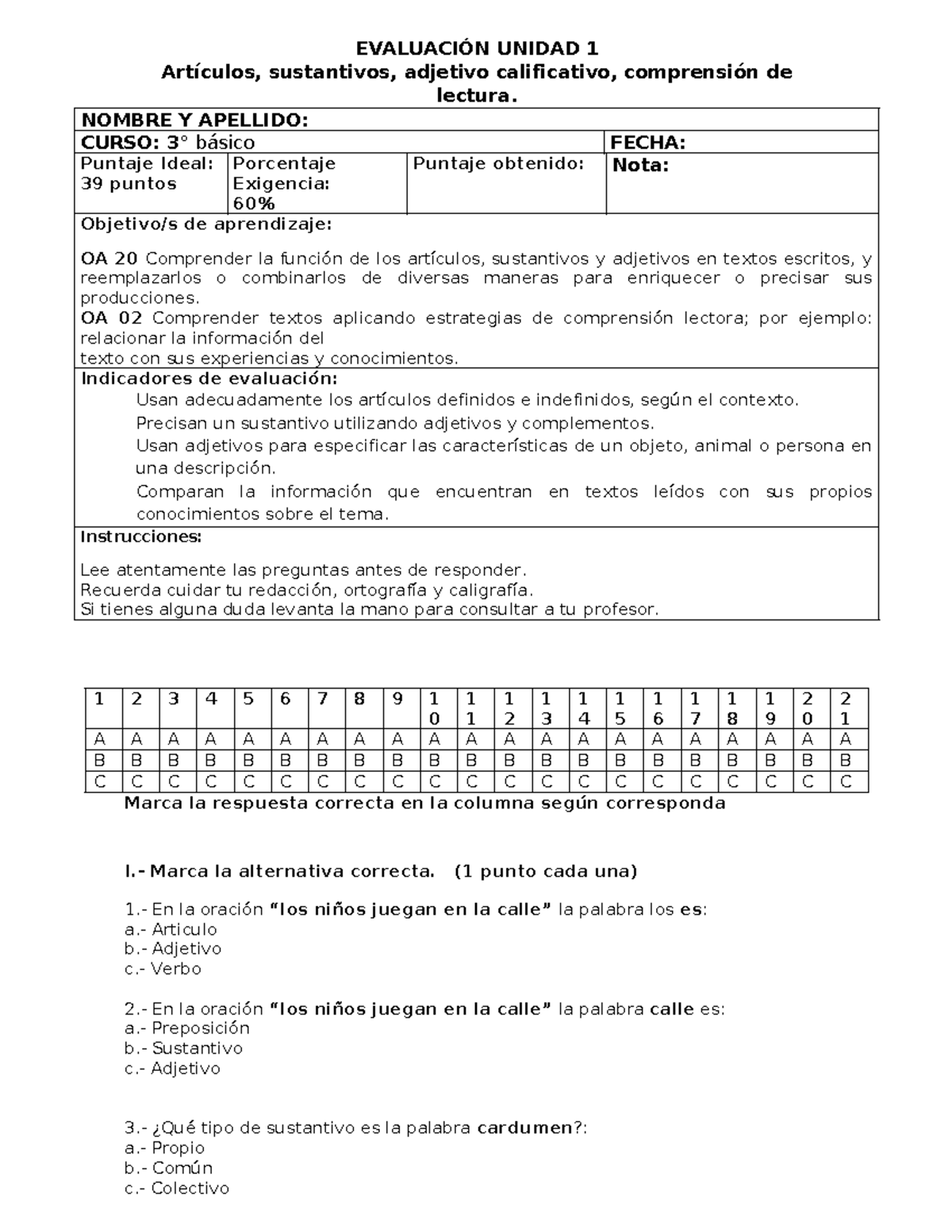 Evaluación Unidad 1 - Artículos, Sustantivos y Adjetivos (3° Básico) - Studocu