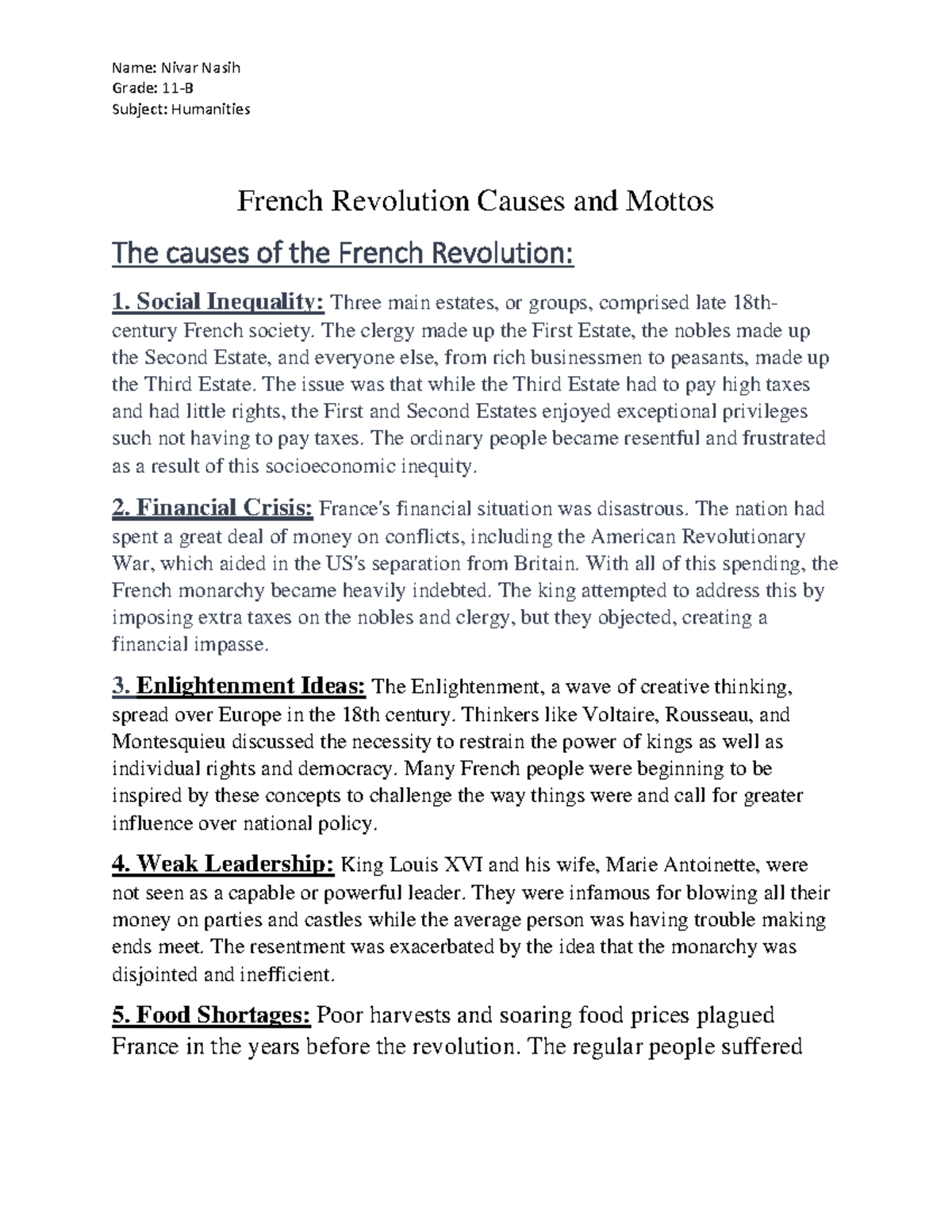 Humanities 101: Causes and Mottos of the French Revolution - Studocu