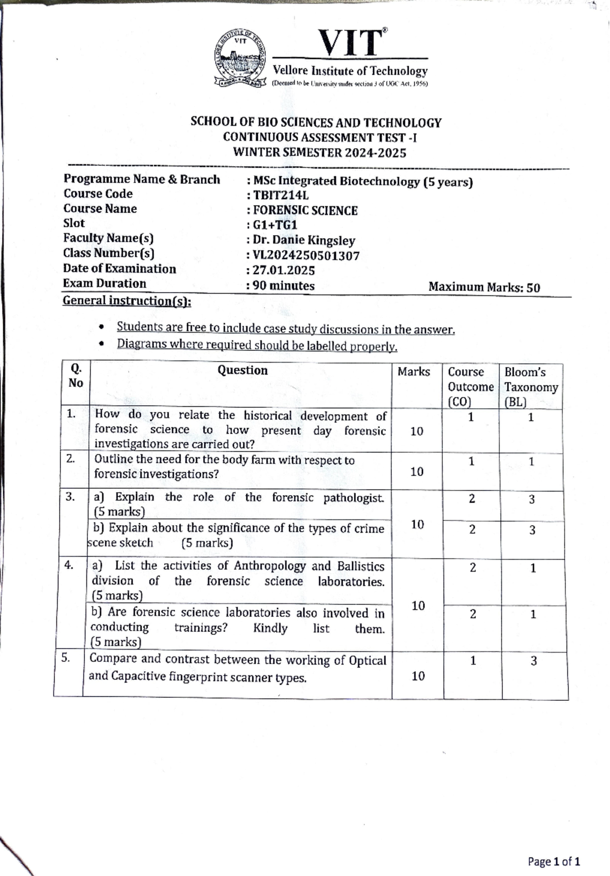 Forensic science question paper - VIT~' Veilore Institute of Technology ...