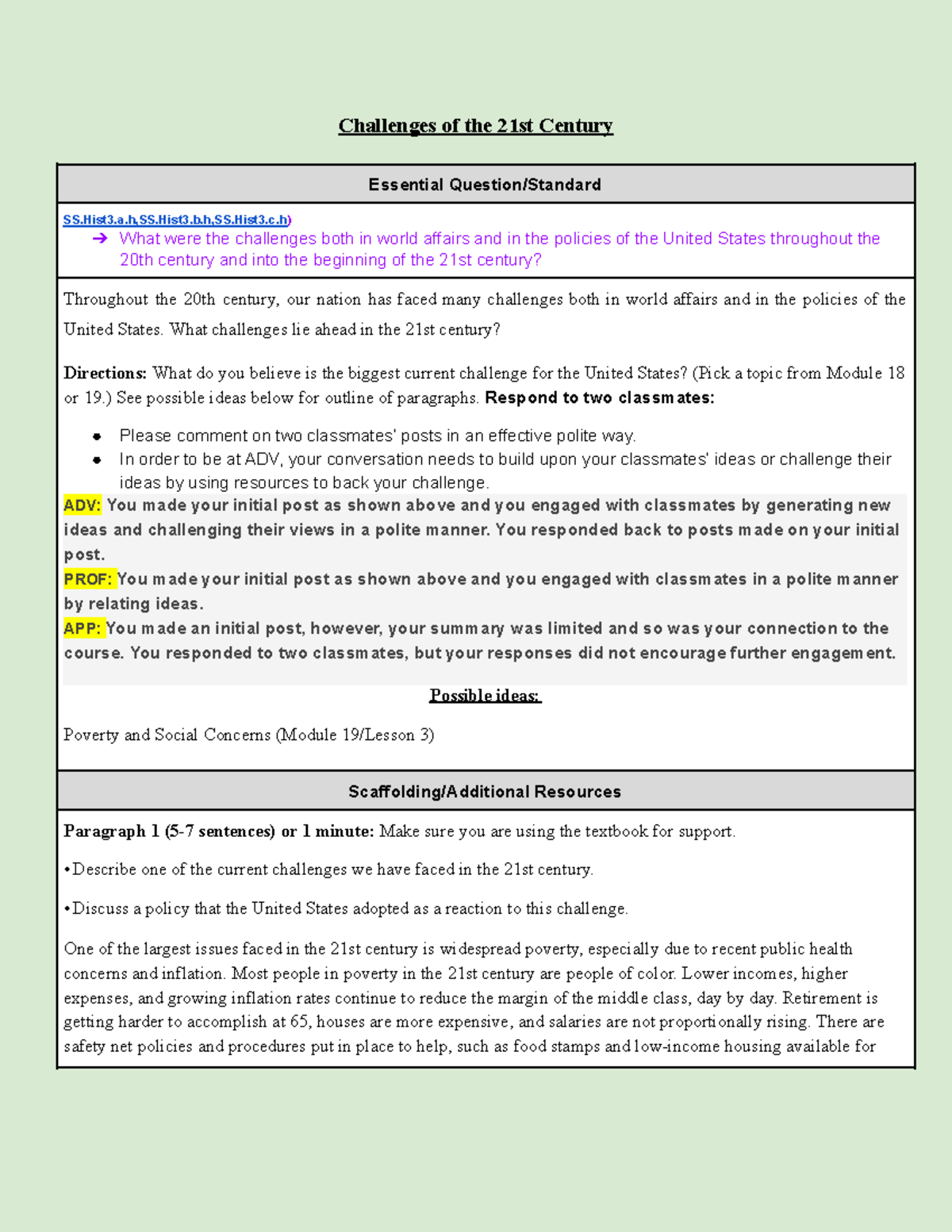 Week 16 DB: Challenges of the 21st Century (SS.Hist3.a.h, SS.Hist3.b.h ...