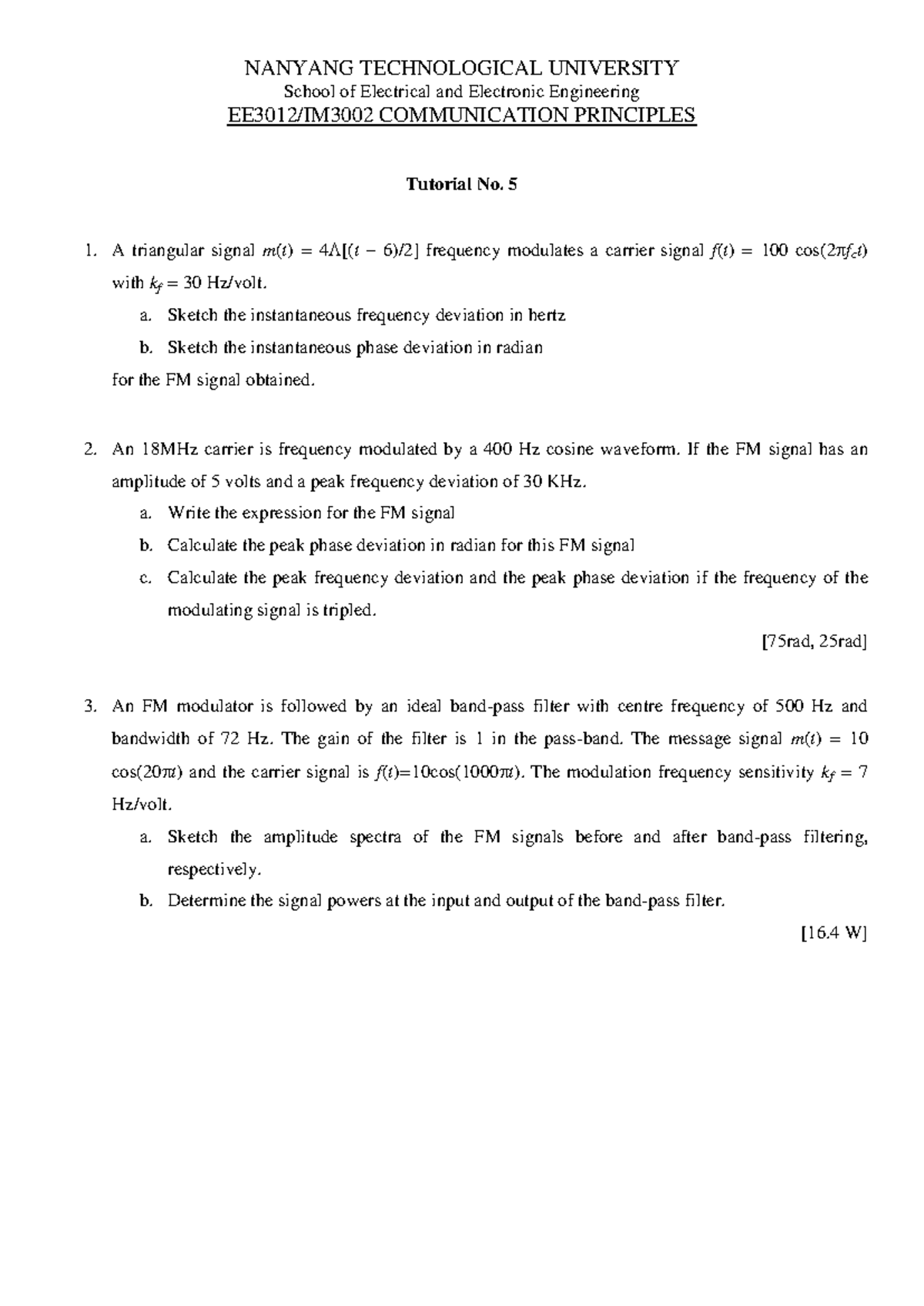 EE3012/IM3002 Communication Principles Tutorial Qns 5-6 (2014) - Studocu