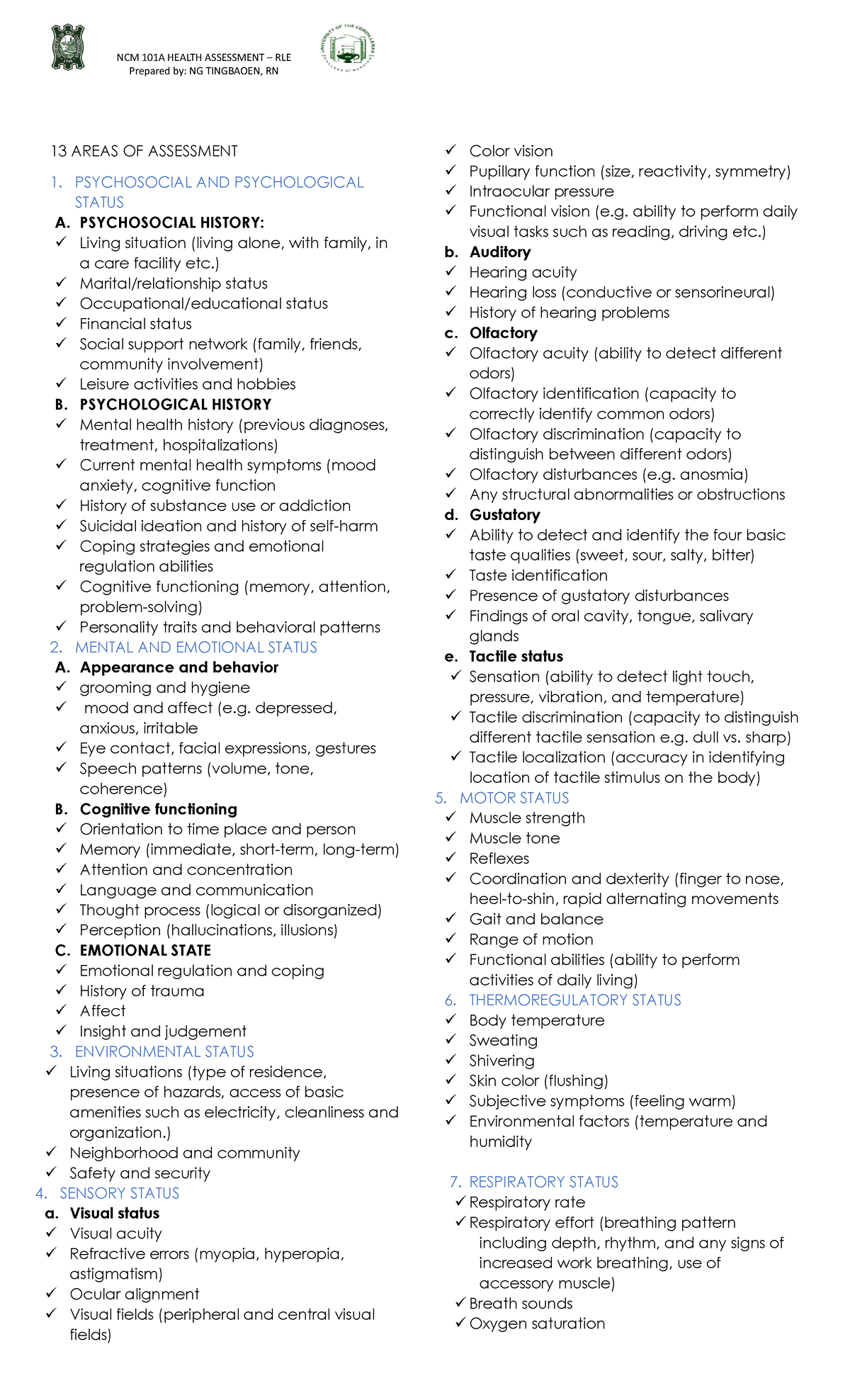 NCM 101A Health Assessment RLE: 13 Key Assessment Areas Guide - Studocu