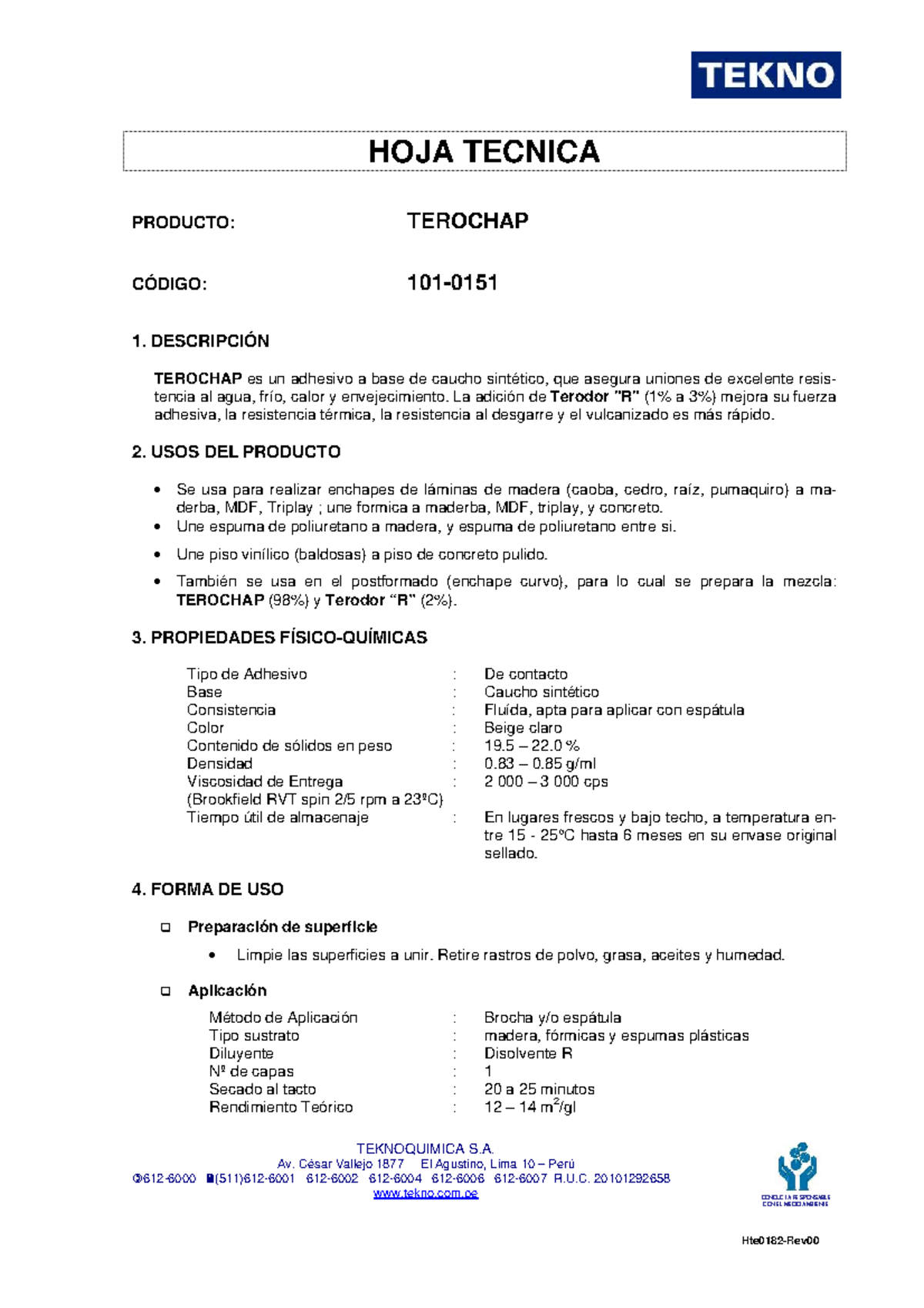 Hoja Técnica del Producto Terochap - Adhesivo Sintético - Studocu