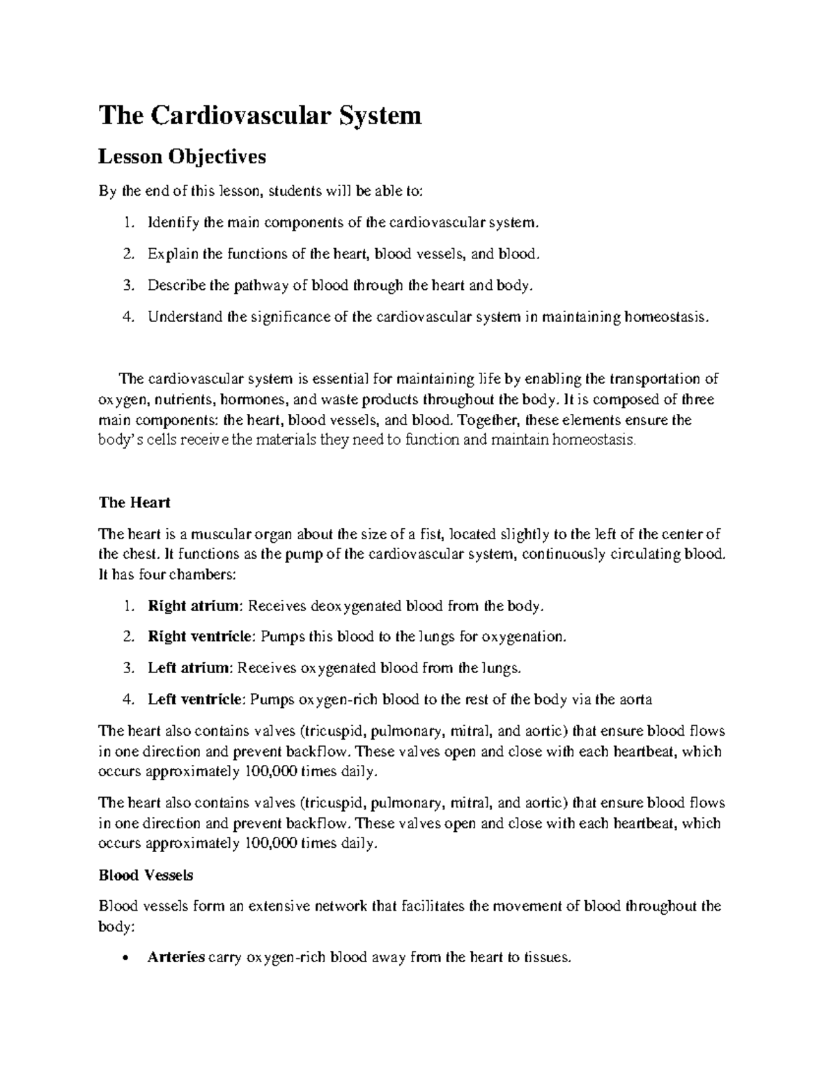The Cardiovascular System - The Cardiovascular System Lesson Objectives ...
