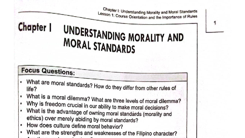CS 2 Lesson 1: Understanding Morality and Moral Standards - Studocu