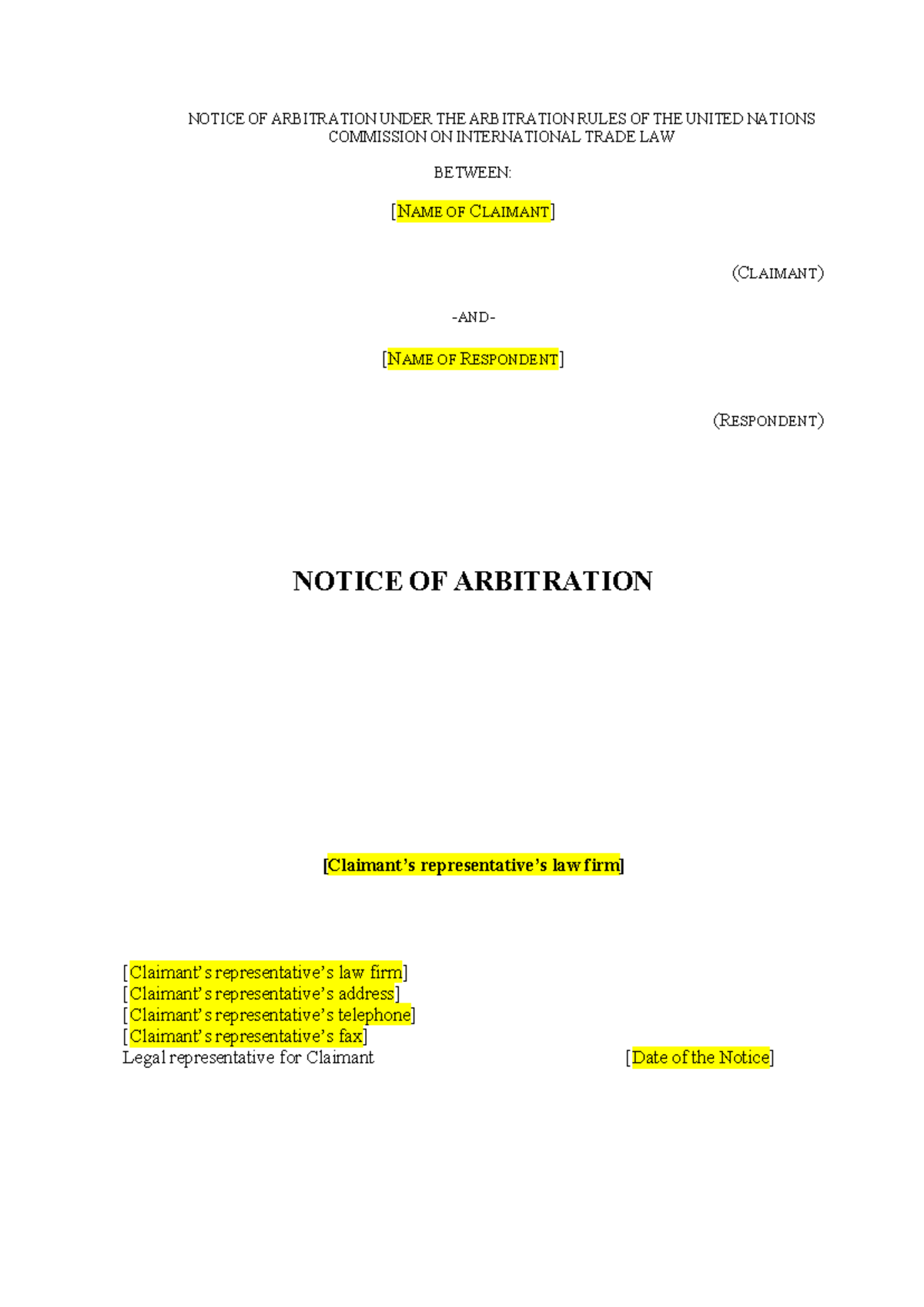 UNCITRAL Notice of Arbitration Template for Dispute Resolution - Studocu