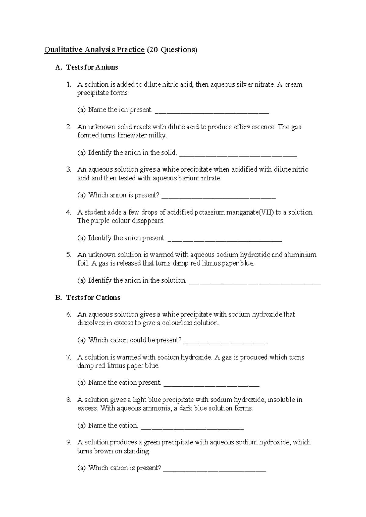 Qualitative Analysis Practice (20 Qs) for Anions & Cations - Studocu