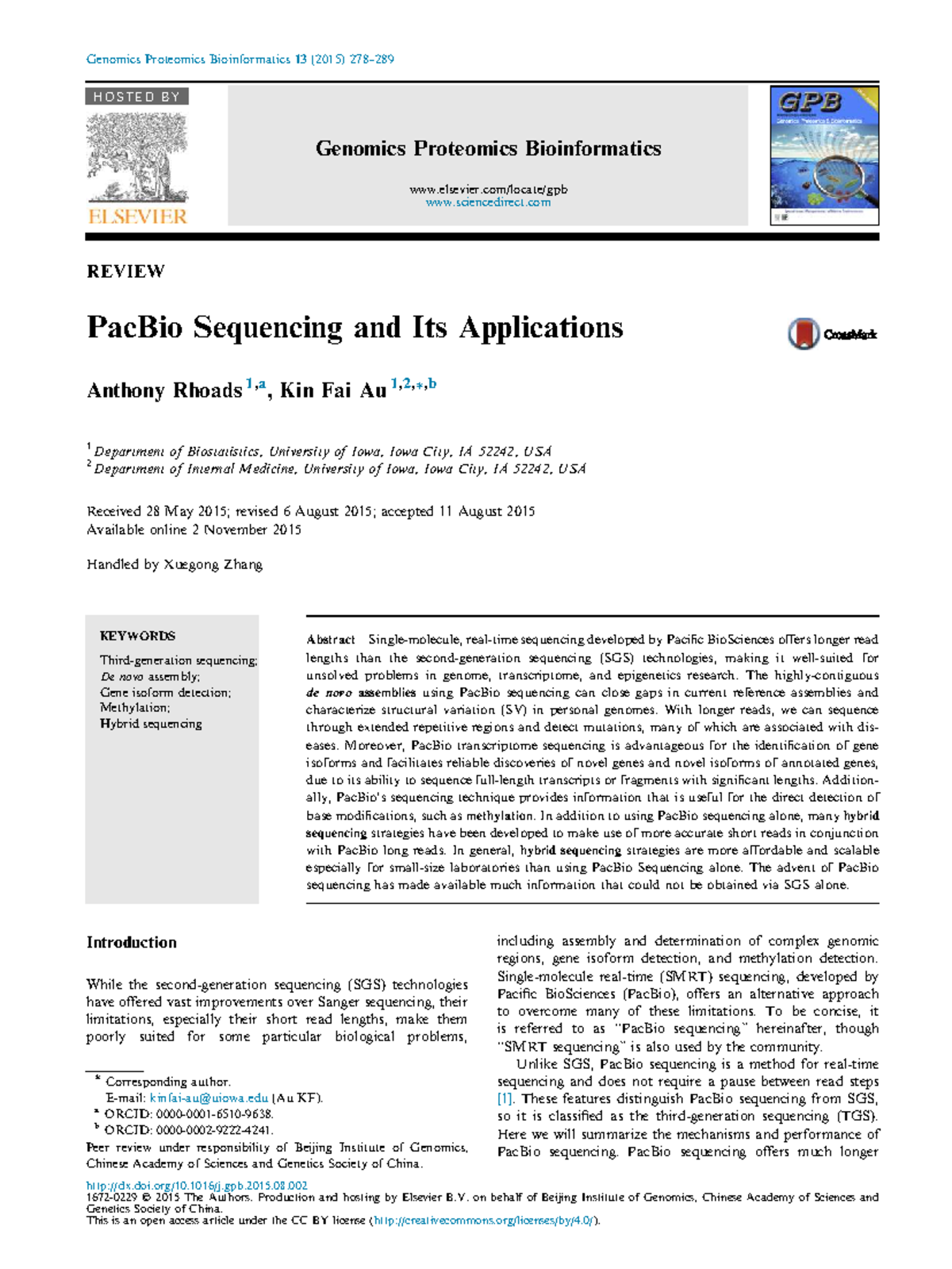 PacBio Sequencing and Its Applications: A Comprehensive Review (2015 ...
