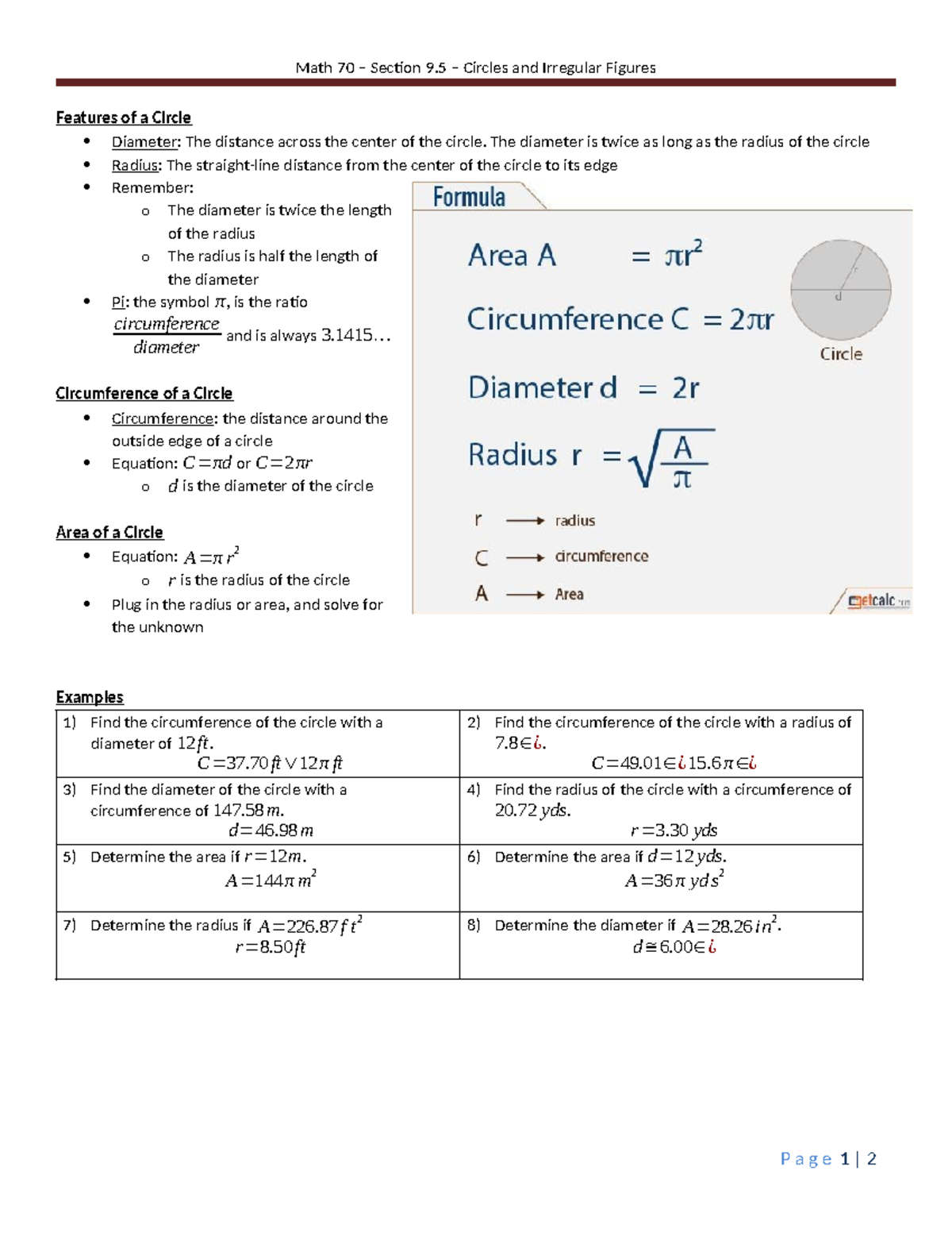 Math 70 - 9.5 Circles: Diameter, Radius, and Area Calculations - Studocu