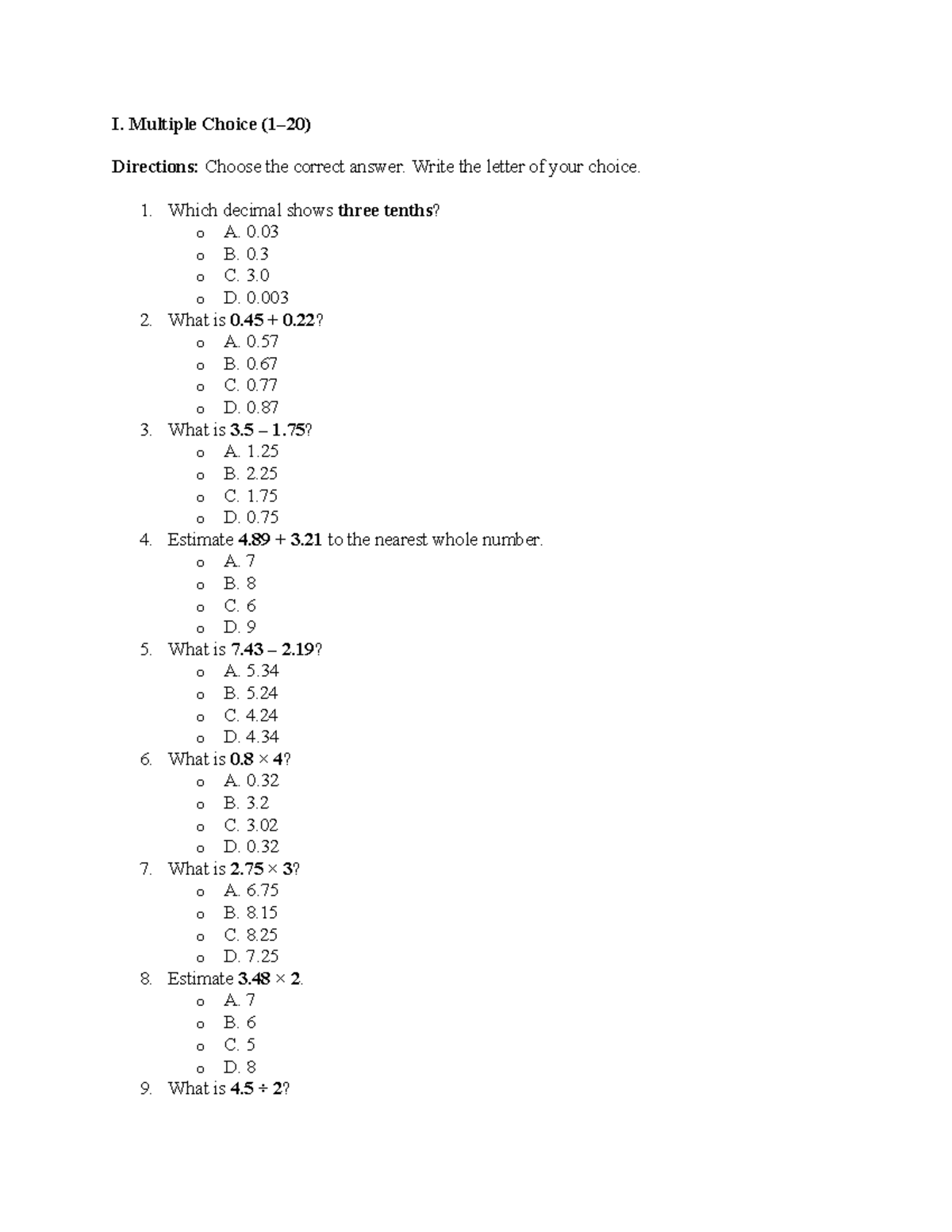 Practice Questions I: Multiple Choice, Solving & Word Problems - Studocu
