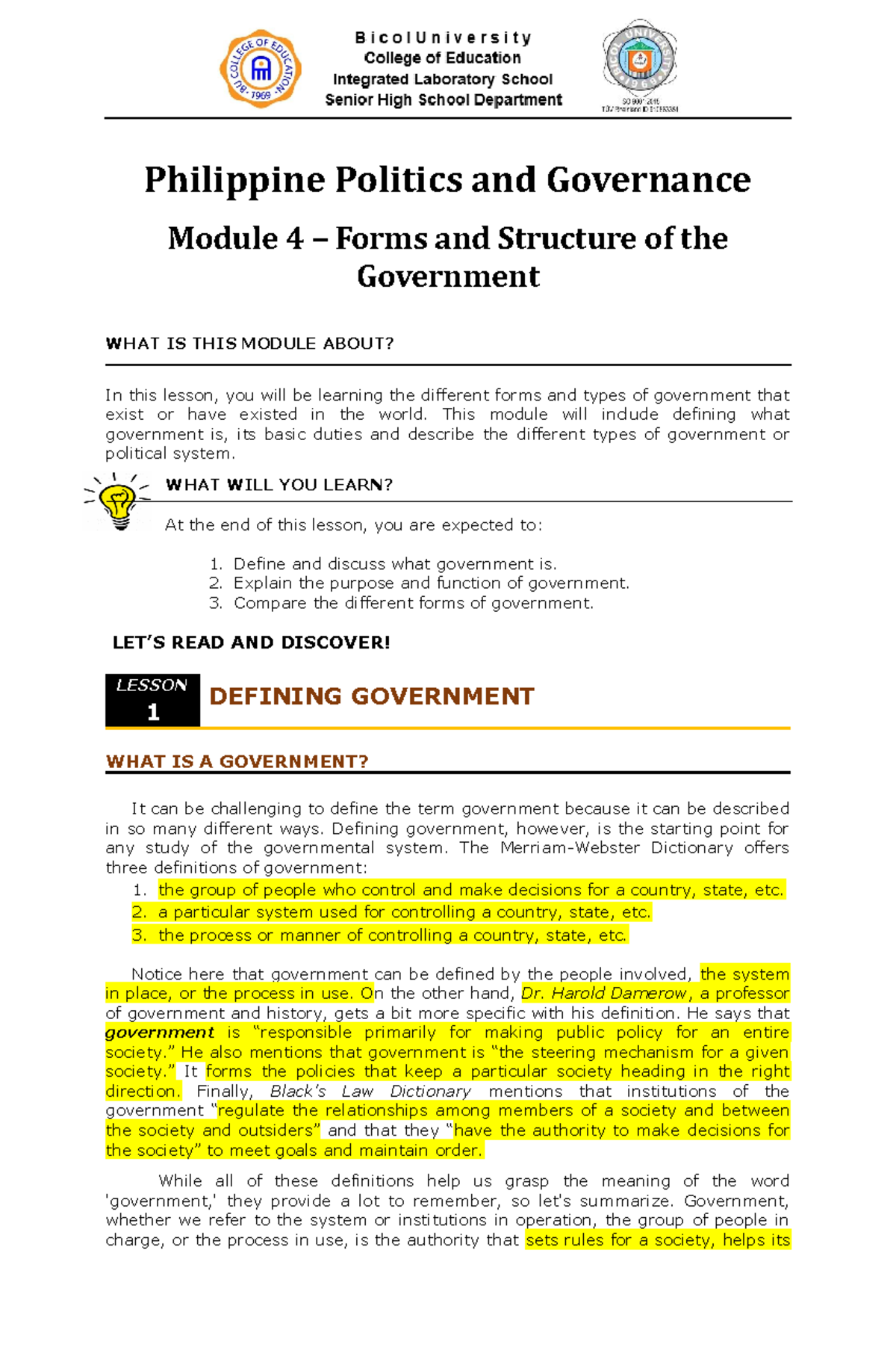 PPG Lesson 4 Handout - Understanding Government Forms and Functions ...