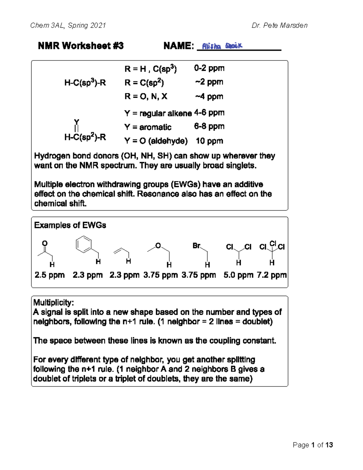 NMR Worksheet 3 - Dr. Pete Marsdan NMR Analysis Assignment - Studocu