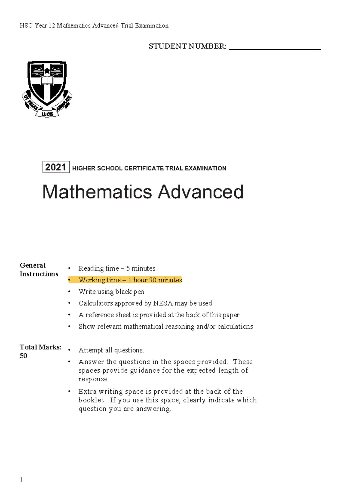 HSC Year 12 Mathematics Advanced Trial Exam 2021 with Solutions - Studocu