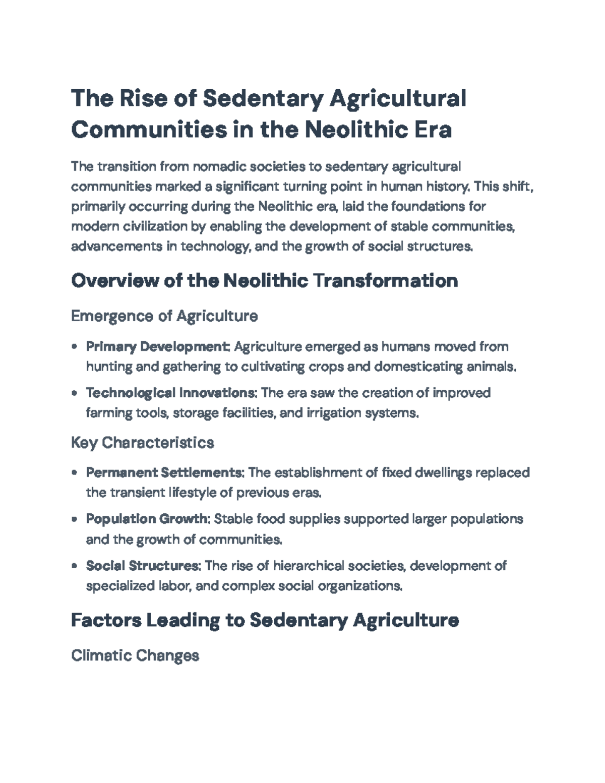 The Rise of Sedentary Agricultural Communities in the Neolithic Era: An ...