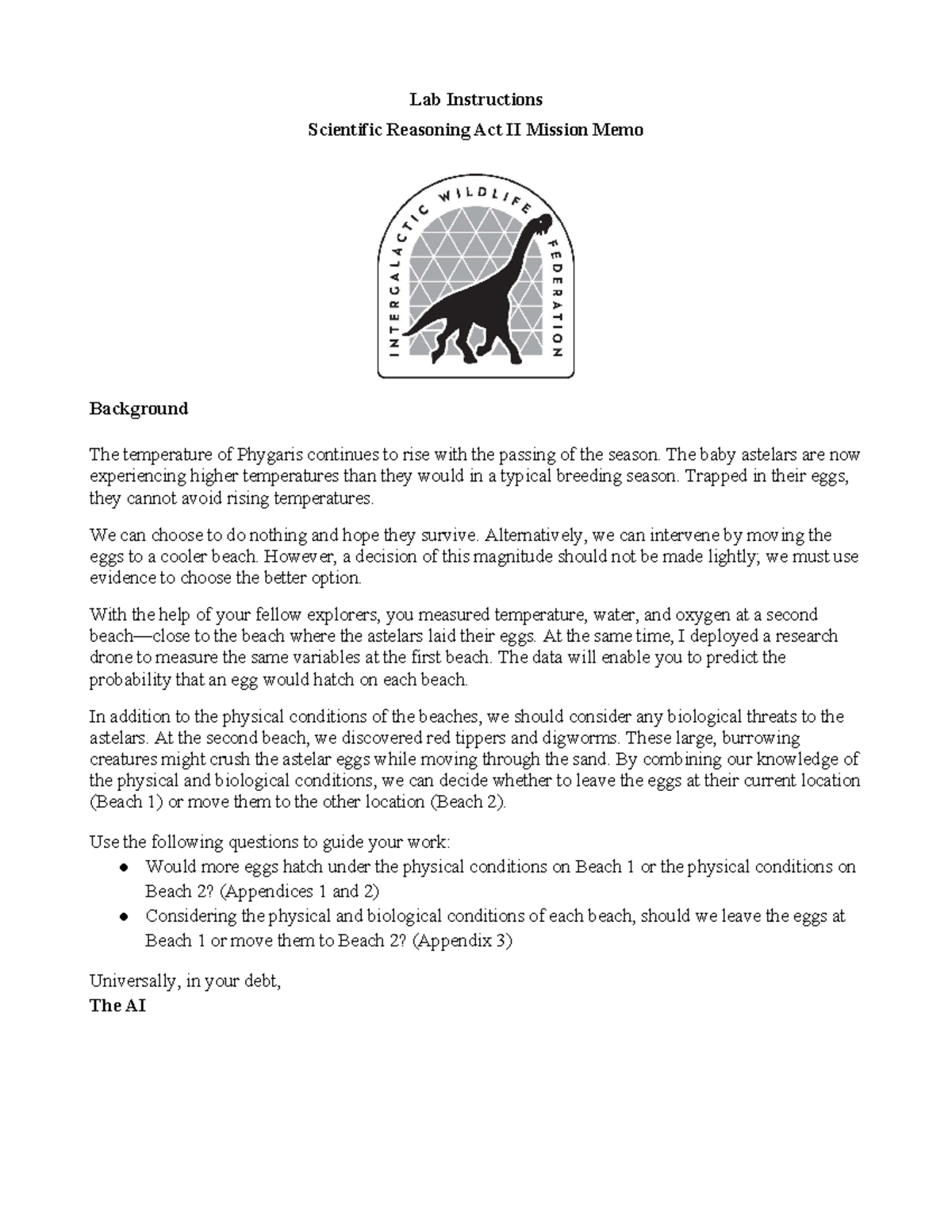 Scientific Reasoning Act II Lab Instructions: Egg Hatching Analysis ...