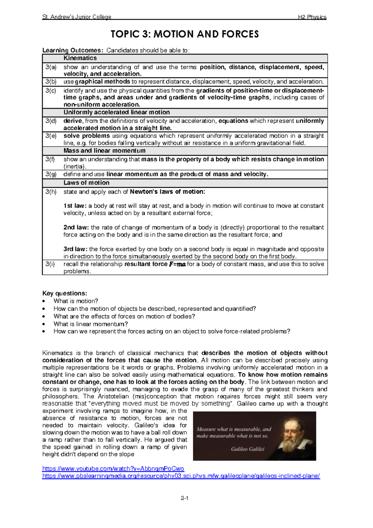 St. Junior College H2 Physics Final Exam: Motion and Forces Overview ...