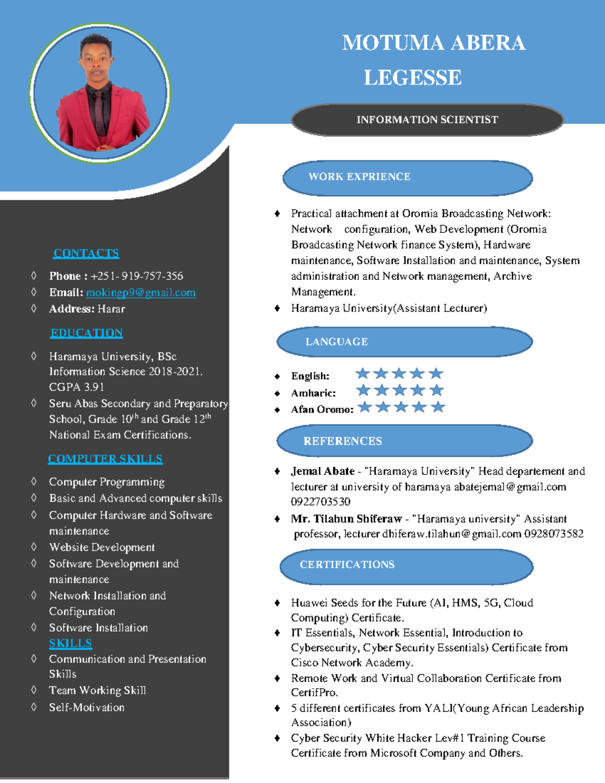 Resume of Motuma Abera Legesse - Info Scientist - Studocu