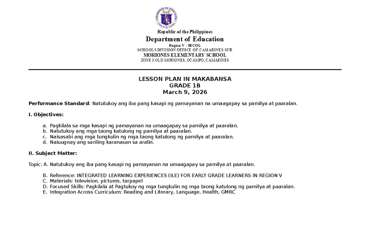 LESSON PLAN IN MAKABANSA GRADE 1B - March 9, 2026 - Studocu