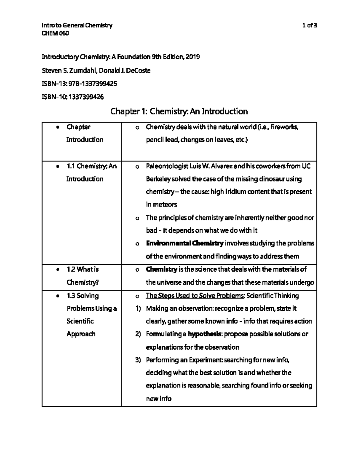 CHEM 060 Textbook Notes - Ch.1 Chemistry: An Introduction (Typed ...