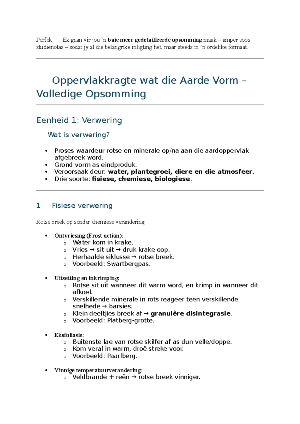 Opsomming van Geografie Kwartaal 3: Verwering en Gronderosie - Studocu
