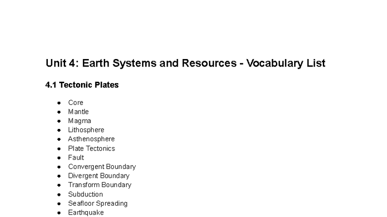 Unit 4: Earth Systems & Resources - Vocab List (ESR 101) - Studocu