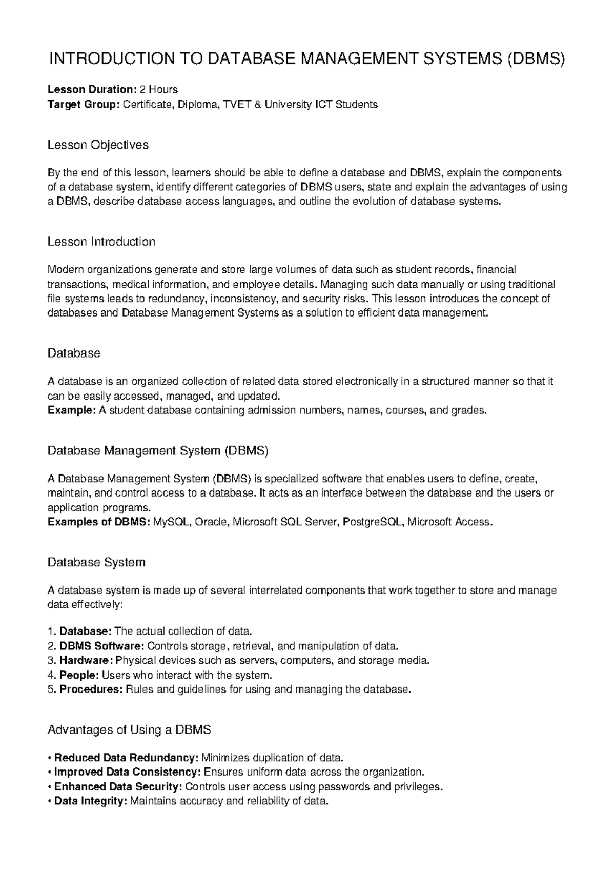 Introduction to DBMS (DBMS) 2-Hour Lecture Notes for ICT Students - Studocu