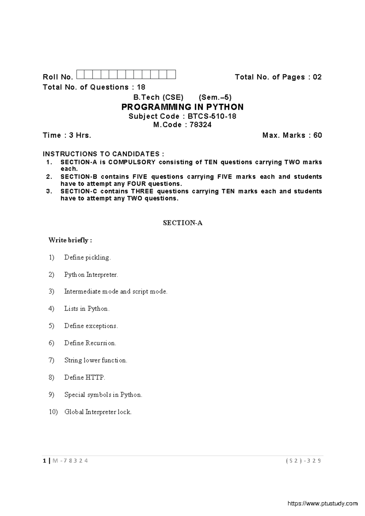 Btech cse 5 sem programming in python 78324 jan 2021 - 1 | M - 7 8 3 2 4 ( S 2 ) - 3 2 9 Roll No ...
