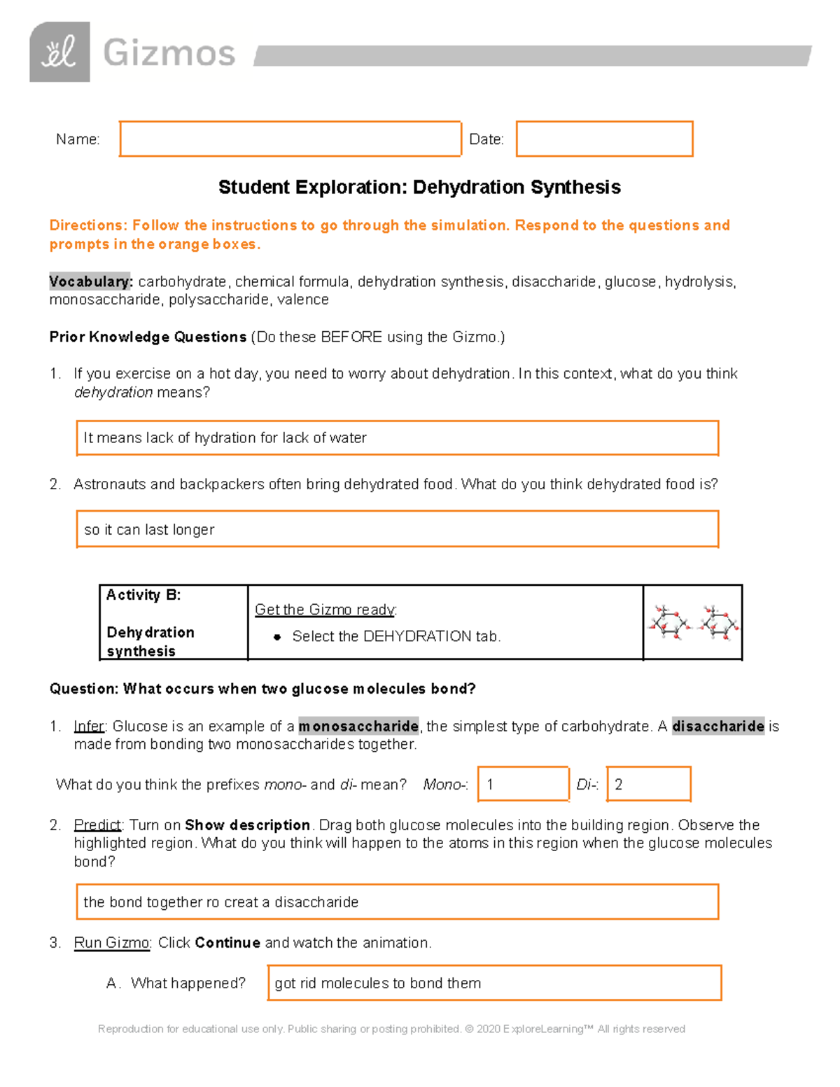 Exploring Dehydration Synthesis with Gizmo Simulation (Biology 101) - Studocu