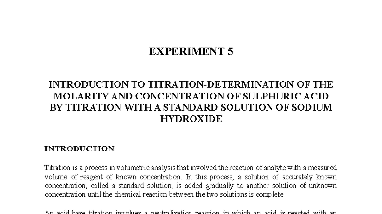 Experiment 5: Molarity & Concentration of H2SO4 Titration with NaOH ...