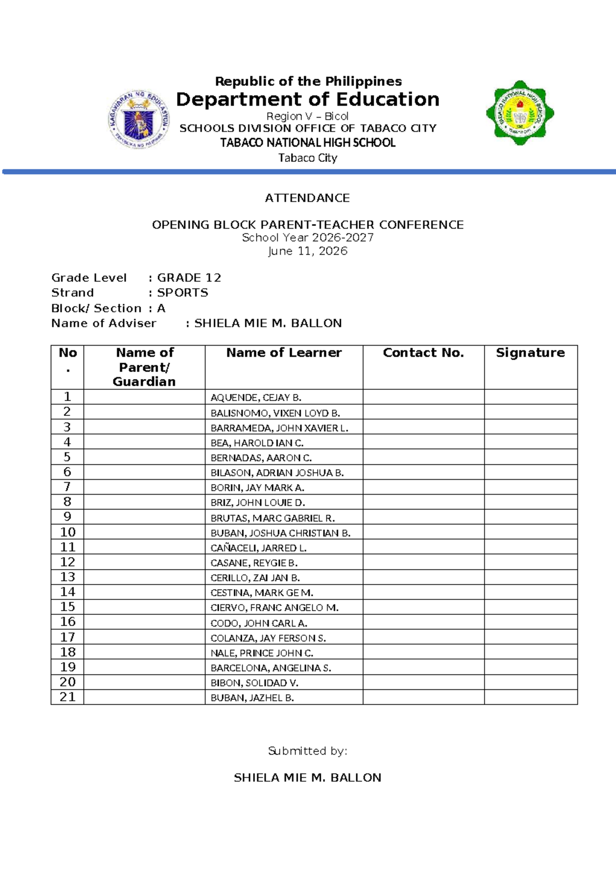 Grade 12 Sports Attendance Report - SY 2026 - Studocu