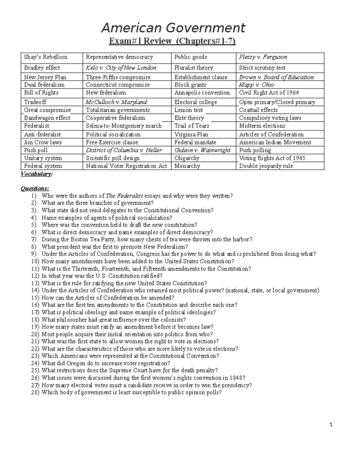 American Government 101: Exam #1 Review (Chapters 1-7) - Studocu